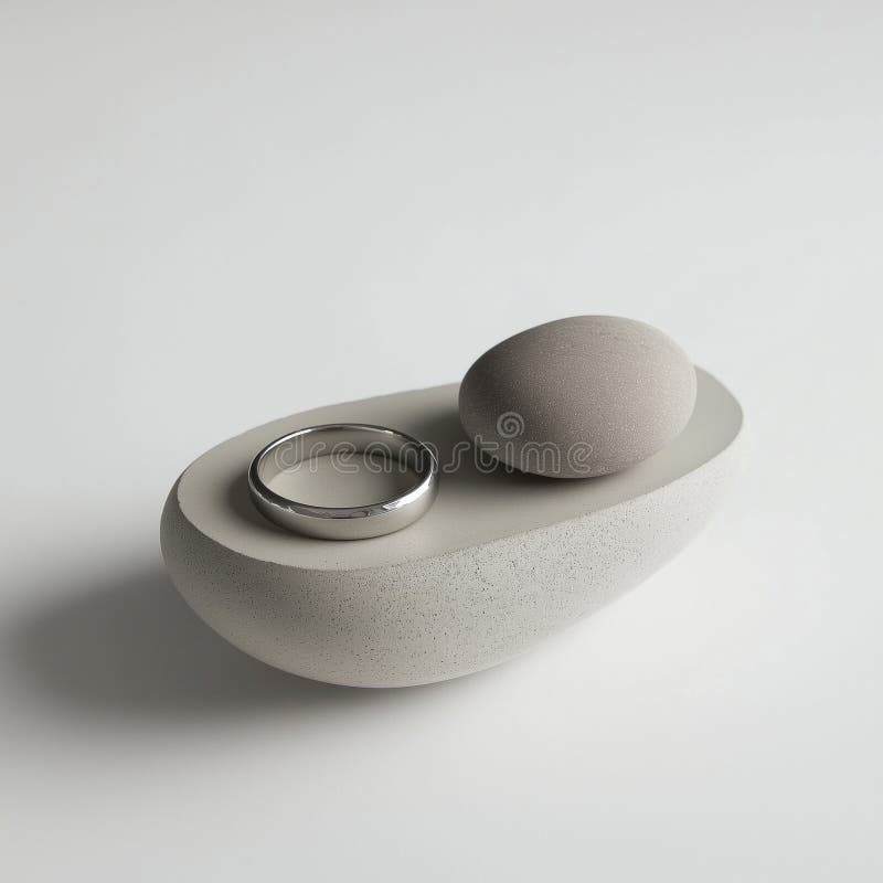Minimalist Composition with Stone, Metal Ring, and Oval Object on White ...
