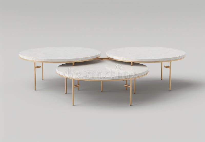 Minimalist Composition of Three Circular Tables with Thin Gold Legs and ...