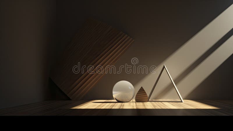 Minimalist Composition with Wooden Triangles and Metallic Sphere in a ...