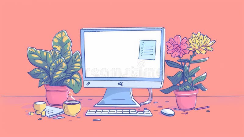 Minimalist Computer Setup with Plants in Pastel-themed Workspace Stock ...
