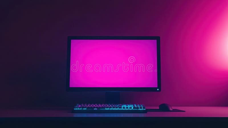 Minimalist Computer Setup with Vibrant Pink Screen and Soft Ambient ...