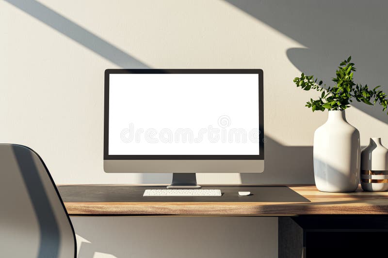 Minimalist Computer Setup on Wooden Desk with Stylish Lamp and Plant ...