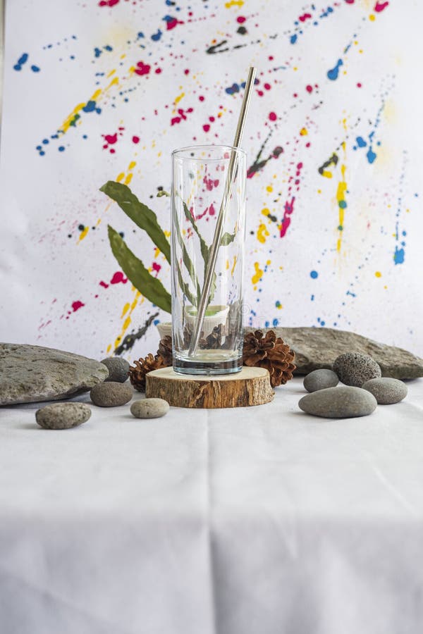 Minimalist Concept Idea.empty Glass and Straw on Stone with Green ...