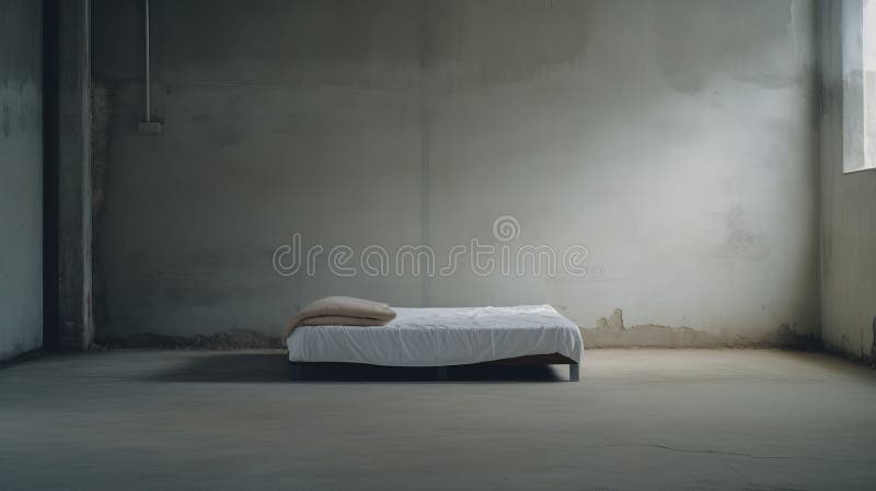 Minimalist Conceptual Bedroom with Empty Bed in Brutalist Environment ...