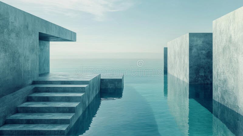 Minimalist Concrete Architecture by the Calm Sea Stock Illustration ...