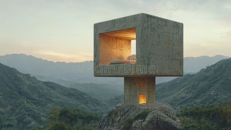 Minimalist Concrete Cube House on Mountaintop at Sunset Stock ...