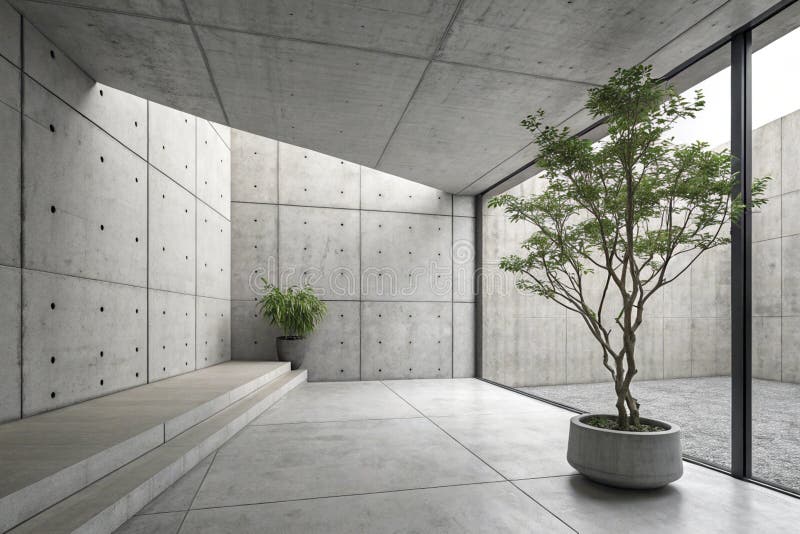 Minimalist Concrete Interior Design with Plant in Pot, Concrete Wall ...