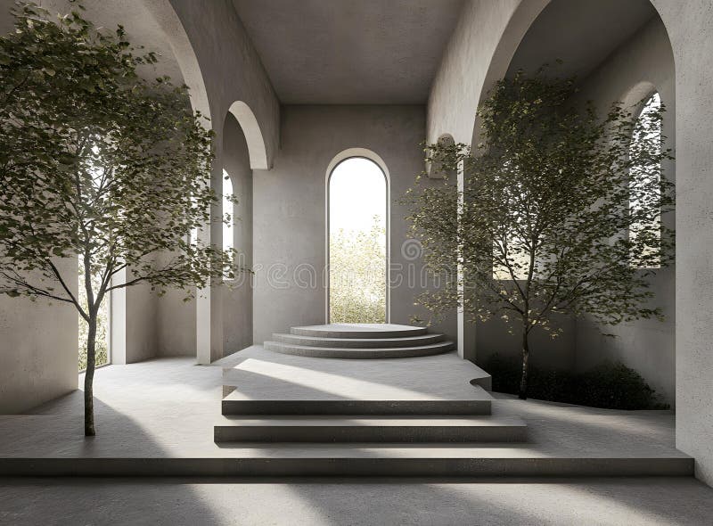 Minimalist Concrete Interior with Steps and Trees Generated Using AI ...
