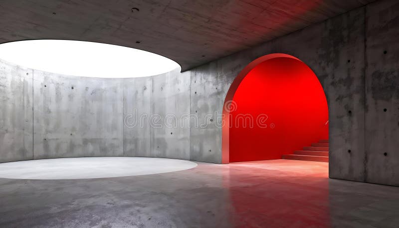 Minimalist Concrete Interior with Vibrant Red Archway, Modern ...