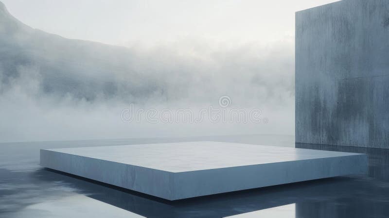 Minimalist Concrete Platform in Misty Mountain Landscape Stock Illustration - Illustration of ...