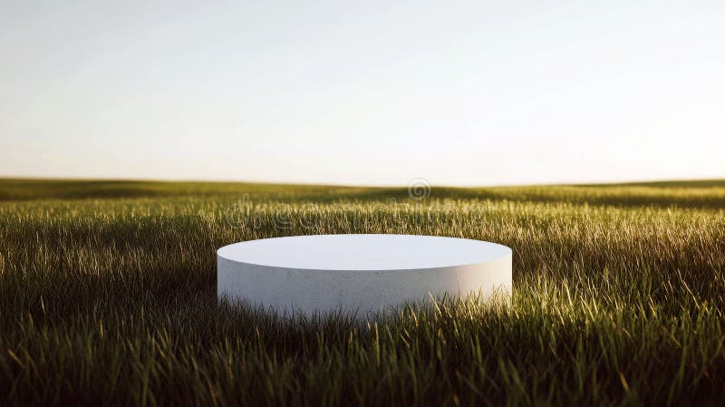 Minimalist Concrete Platform in Vast Green Field at Sunset Stock Photo ...