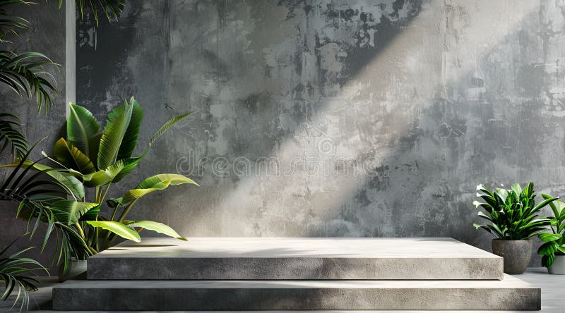 Minimalist Concrete Podium for Product Presentation with Palm Trees in ...