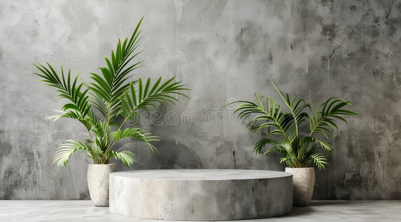 Minimalist Concrete Podium for Product Presentation with Palm Trees in ...