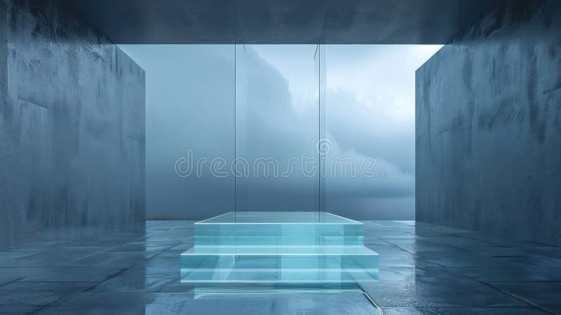 Minimalist Concrete Room with a Glass Platform and a Window with a ...