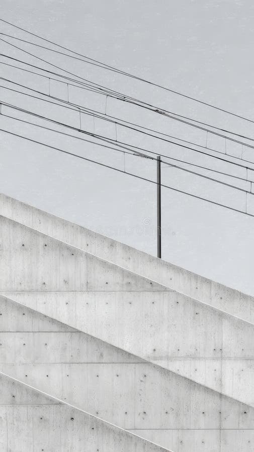 Minimalist Concrete Structure and Power Lines on Pale Gray Background ...