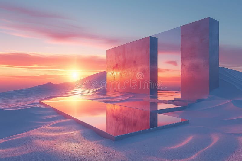 Minimalist Concrete Structures with Sunset Reflection in Desert Stock ...