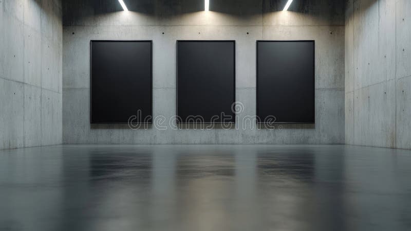 Minimalist Concrete Wall with Three Black Vertical Frames Casting ...