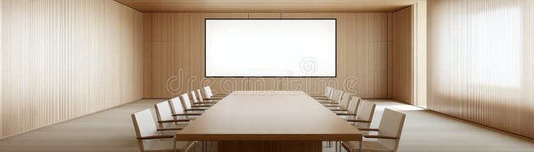 Minimalist Conference Room Features a Blank Projector Screen and Wood ...
