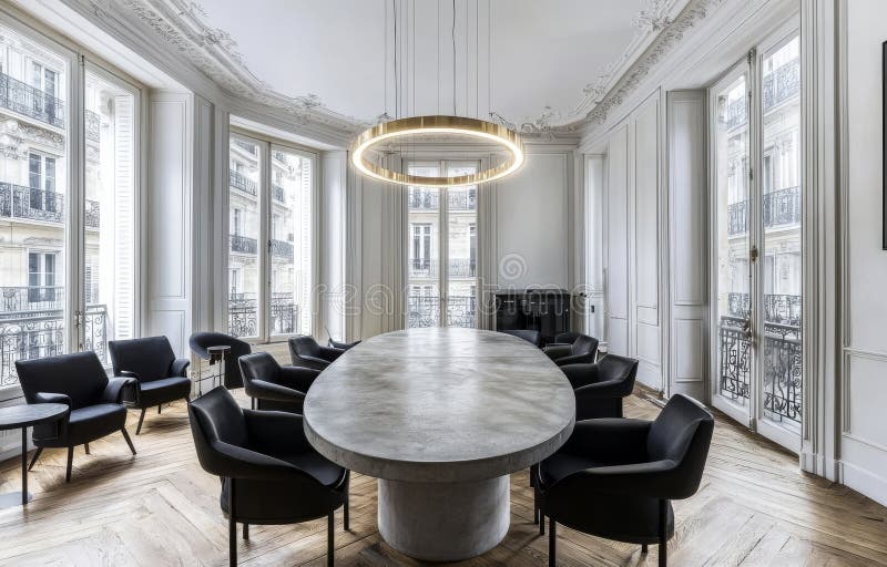 Minimalist Conference Room with Large Table and Windows Stock Photo ...