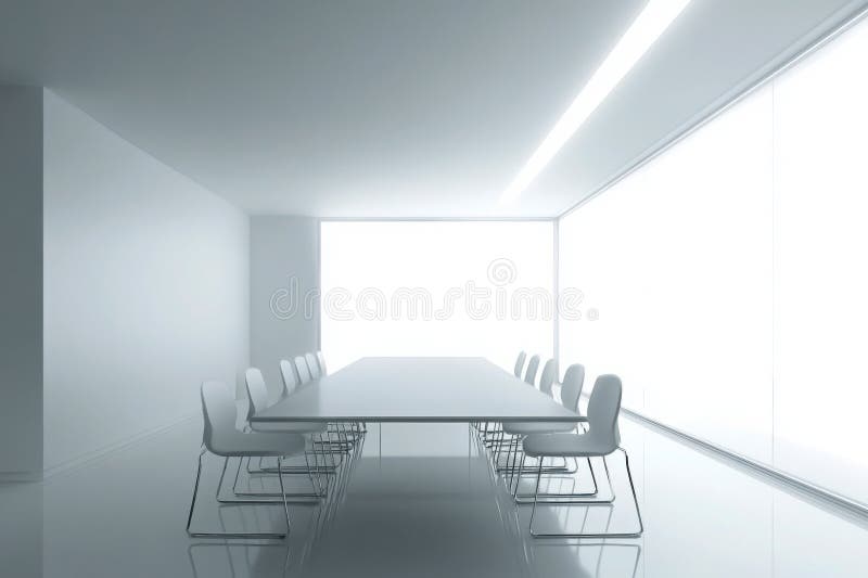 A Minimalist Conference Room with a Long Table, White Walls, and Large ...