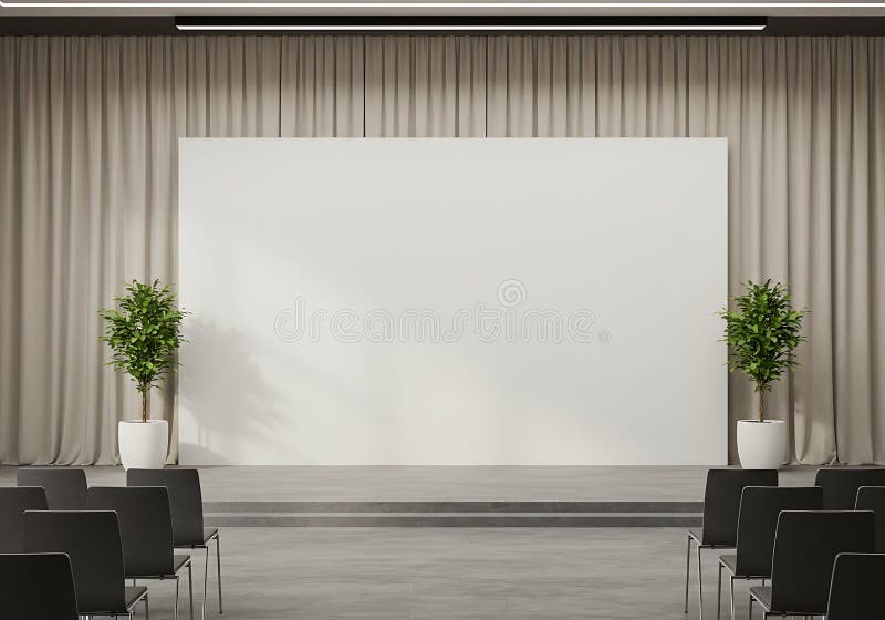 Minimalist Conference Stage Set with Blank Screen, Drapes and Potted ...