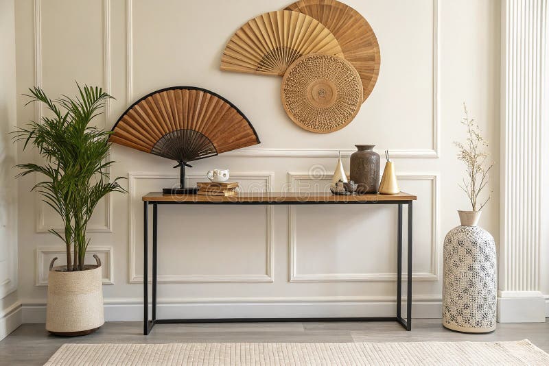 Minimalist Console Table with Artistic Decor and a Statement Fan Wall ...