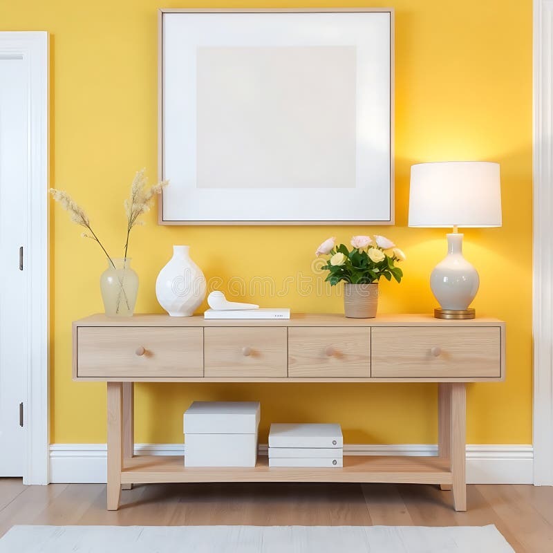 A Minimalist Console Table in Light Oak with Pastel Decor on a Yellow ...
