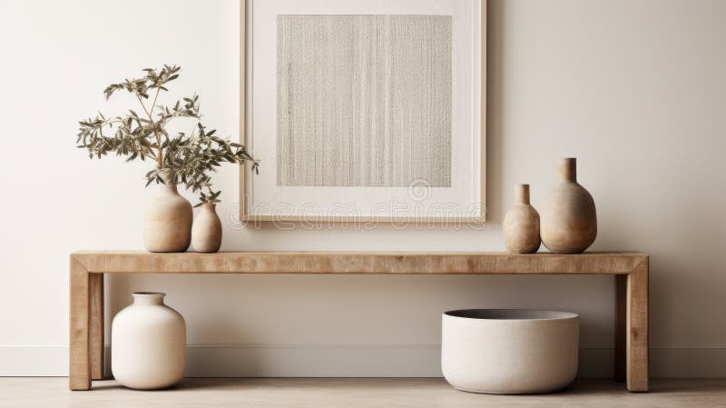 Minimalist Console Table with Planters and Vases Stock Illustration ...