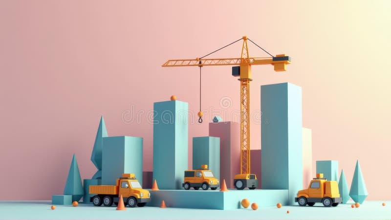 Minimalist Construction Scene Crane, Trucks, and Geometric Buildings ...