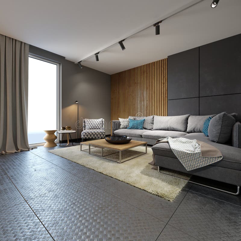 Minimalist Contemporary Living Room with Sofas in Loft Style Flat Stock ...