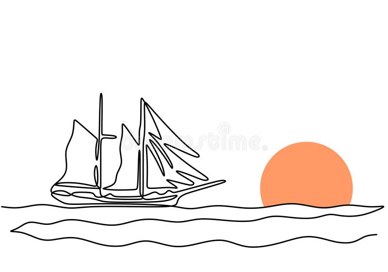 Minimalist Continuous Line Art of a Sailing Ship and Sunset Stock ...