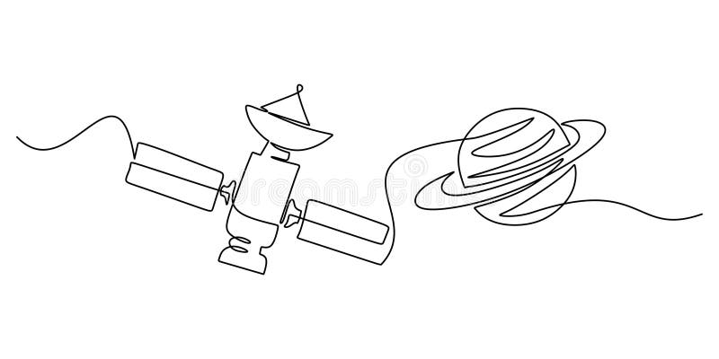 Minimalist Continuous Line Drawing of Saturn and Satellite for Space ...