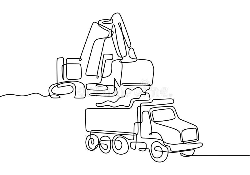Minimalist Continuous Line Illustration of Loader and Dump Truck ...
