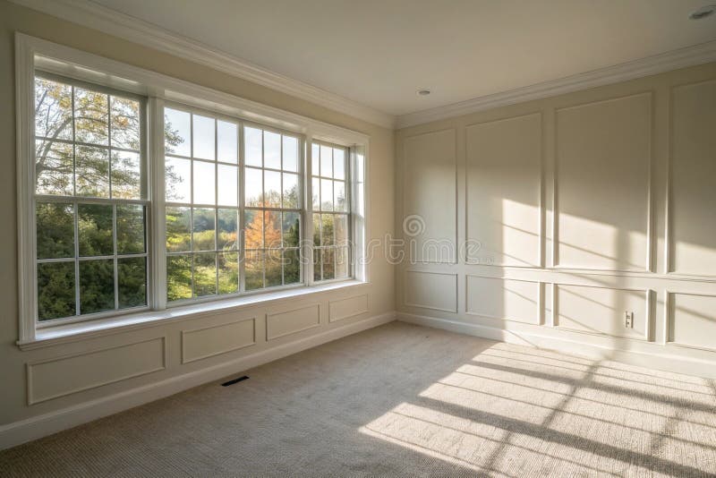 Minimalist Corner Room with Large Window and Soft Shadows Stock ...