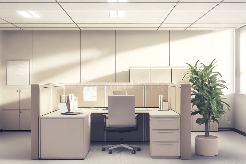 Minimalist Corporate Office Cubicle with Neat Desk and Soft Lighting ...