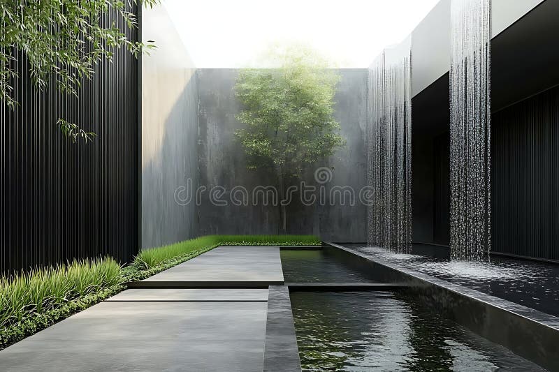 Minimalist Courtyard Featuring Tranquil Water Feature, Lush Greenery ...