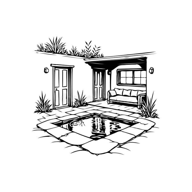 Minimalist Courtyard Sketch Featuring a Reflective Pool and ...