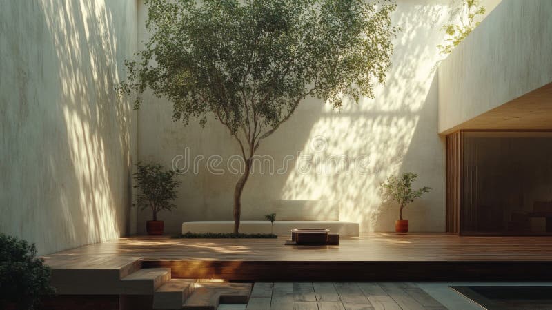 Minimalist Courtyard with Sunlight and Greenery Stock Illustration ...