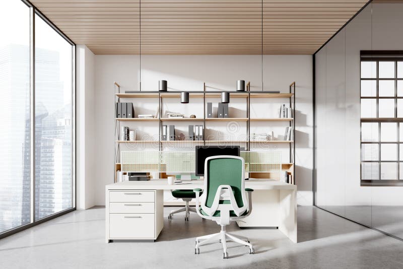 Minimalist Coworking Interior with Pc Monitors and Armchairs, Panoramic ...