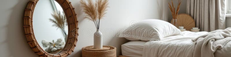 Minimalist Cozy Bedroom Rattan Mirror Neutral Decor Elements Stock ...