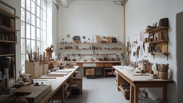 A Minimalist Craft Workshop with Clean Tables and Neatly Displayed ...