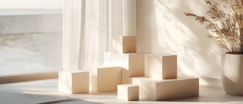 Minimalist Cube Display with Dried Grass and Natural Window Light a ...