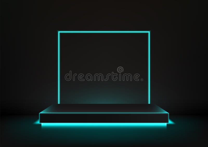 Minimalist 3D Black Platform with Glowing Blue Neon Light Frame on Dark ...