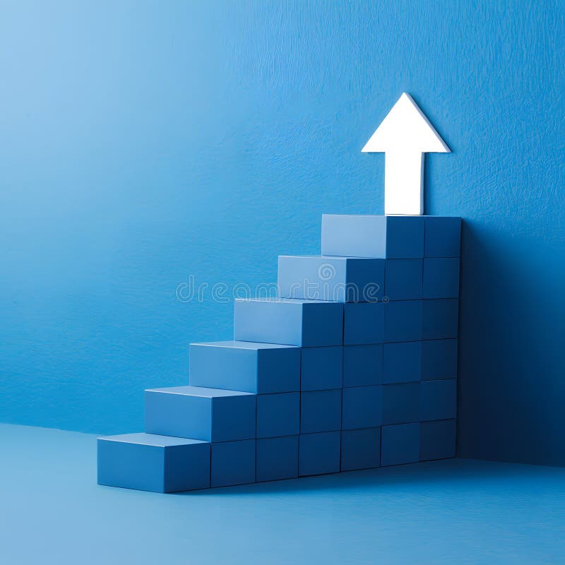 Minimalist 3D Blue Block Staircase with Upward Arrow Against Solid Blue ...