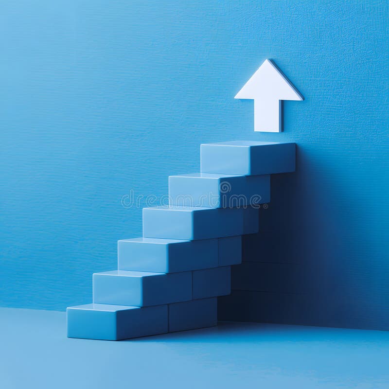Minimalist 3D Blue Block Staircase with Upward Arrow Against Solid Blue ...