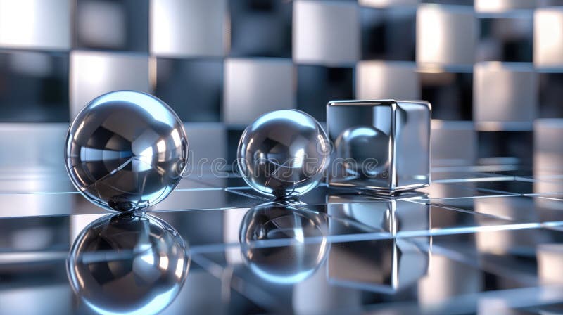 Minimalist 3D Design Featuring Metallic Spheres and Cubes on a Mirror ...