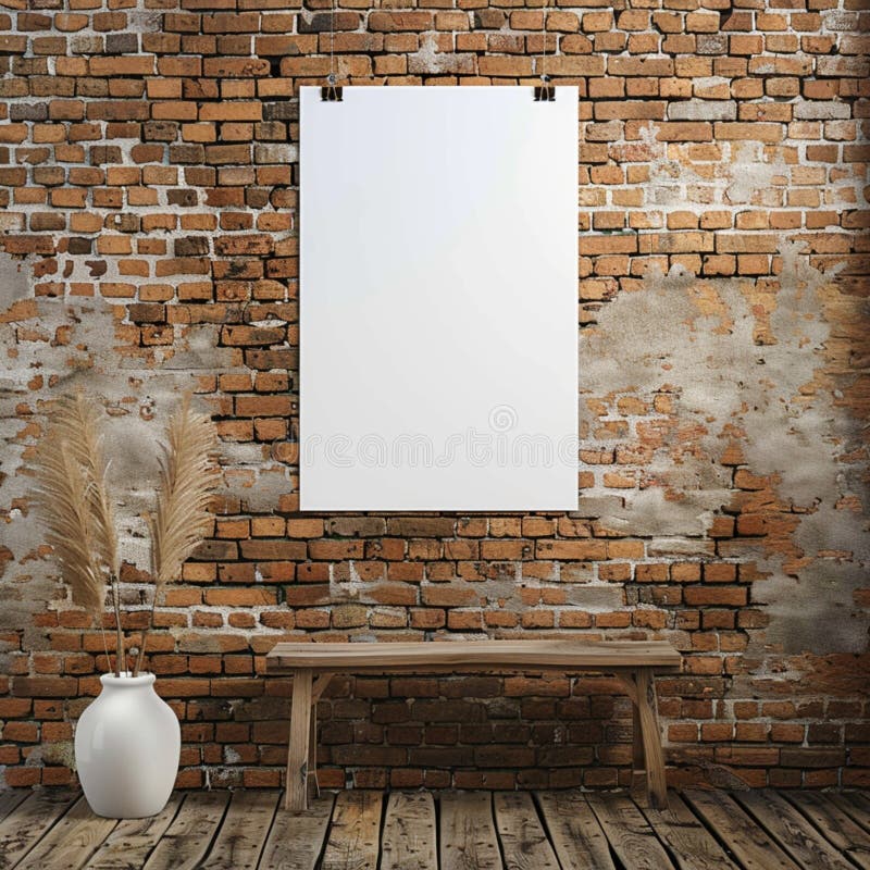 Minimalist 3D Mock Up White Poster on Rustic Brick Wall Stock ...
