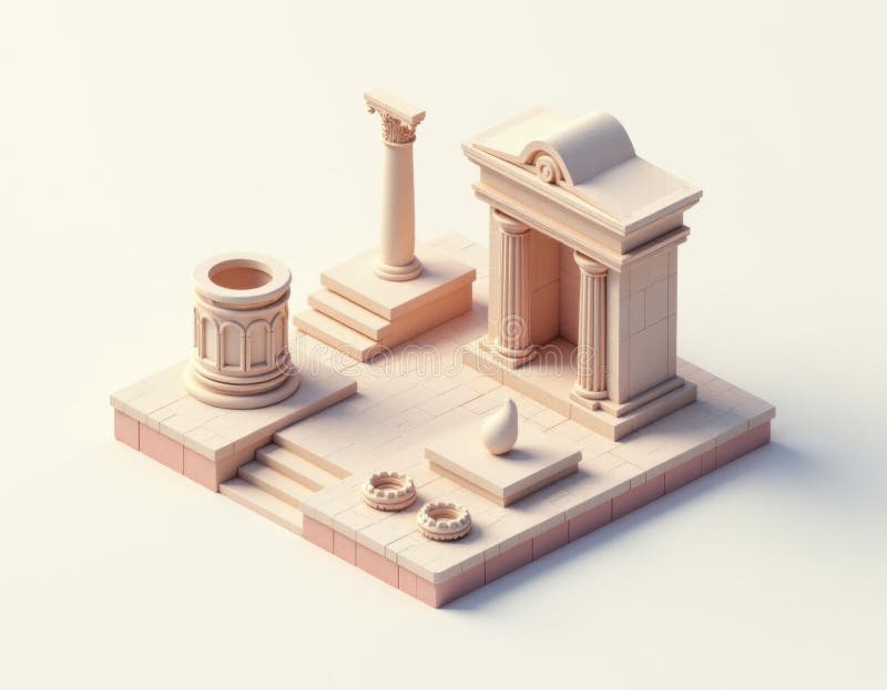 Minimalist 3D Render of Classical Architecture Temple, Column, and Well ...