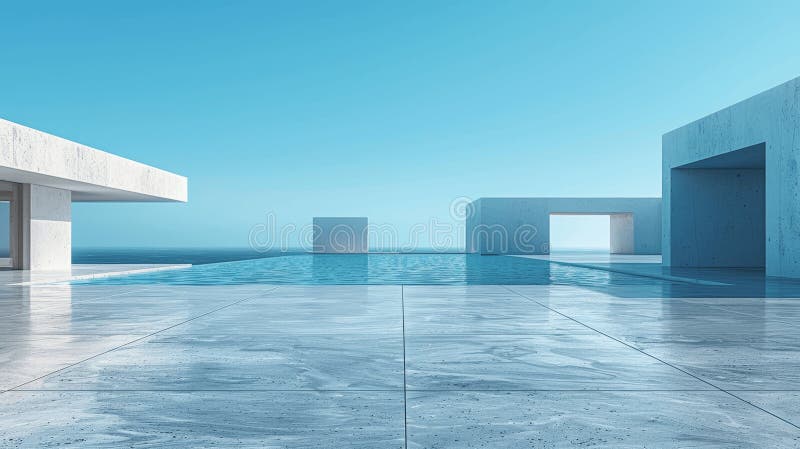 Minimalist 3D Render of Concrete Landscape with White Cube Buildings on ...