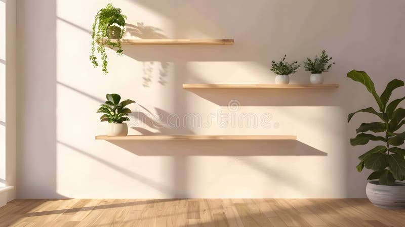 Minimalist 3D Render of Empty Wooden Shelf on Wall with Sunlight - AI ...